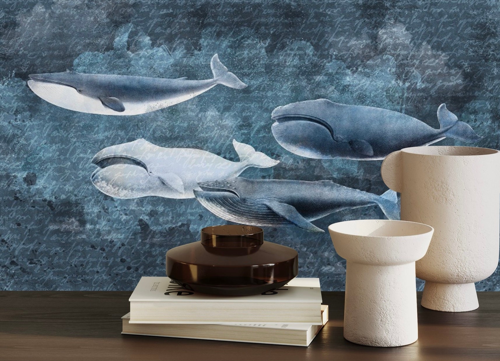 Whales in Blue Ocean Wallpaper, Maritime Wallpaper, Peel and Stick ...