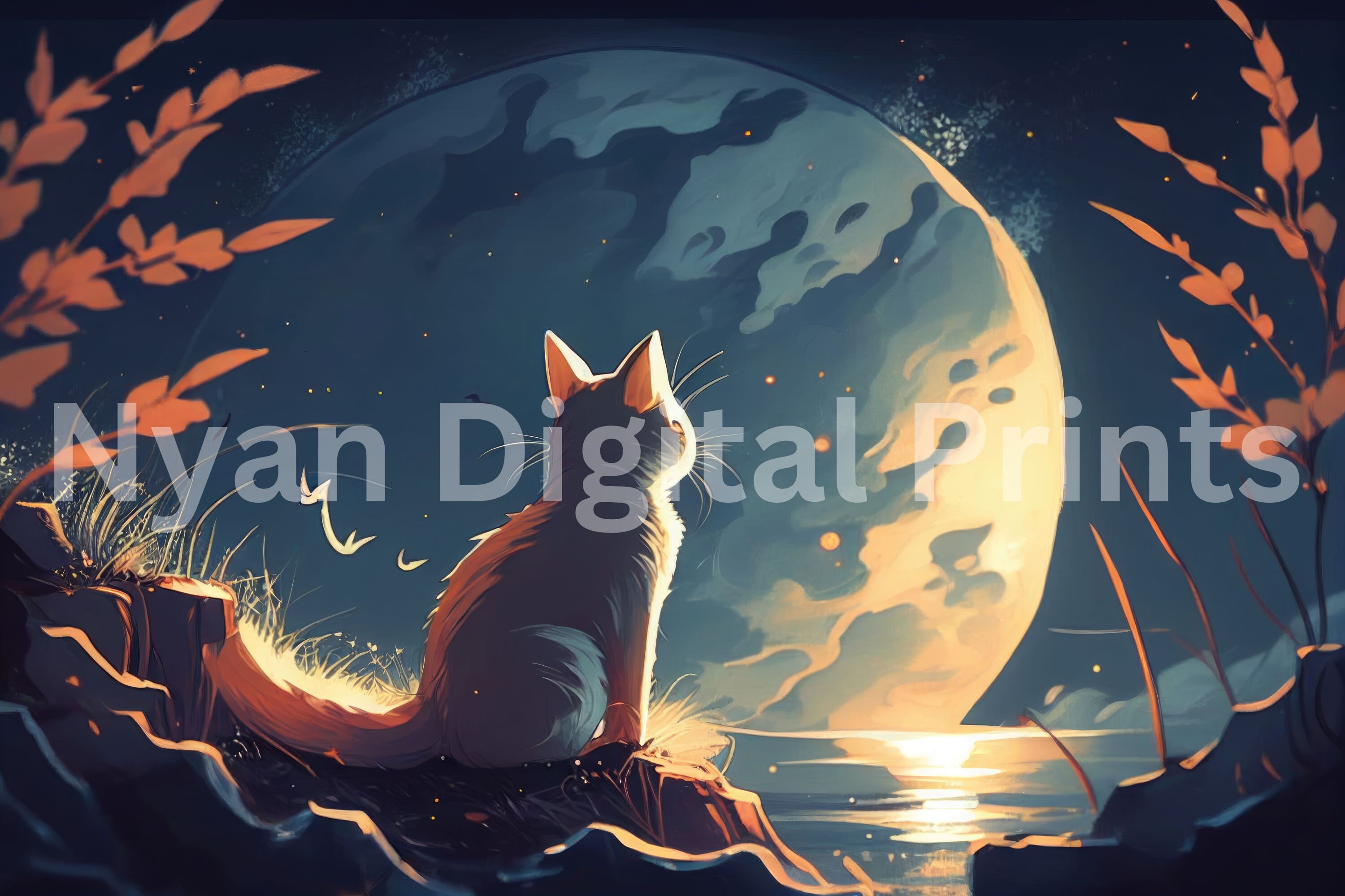 Moon Cat PRINTABLE AI Art Decor for Your Wall Downloadable AI Wall Art ...