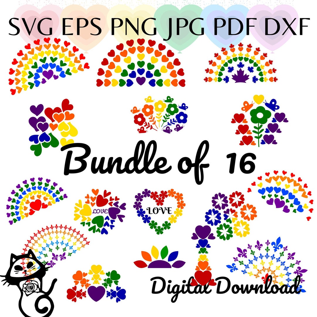 Bundle of 16 Pride Month Hearts, Flowers Cute Butterflies and Rainbows ...