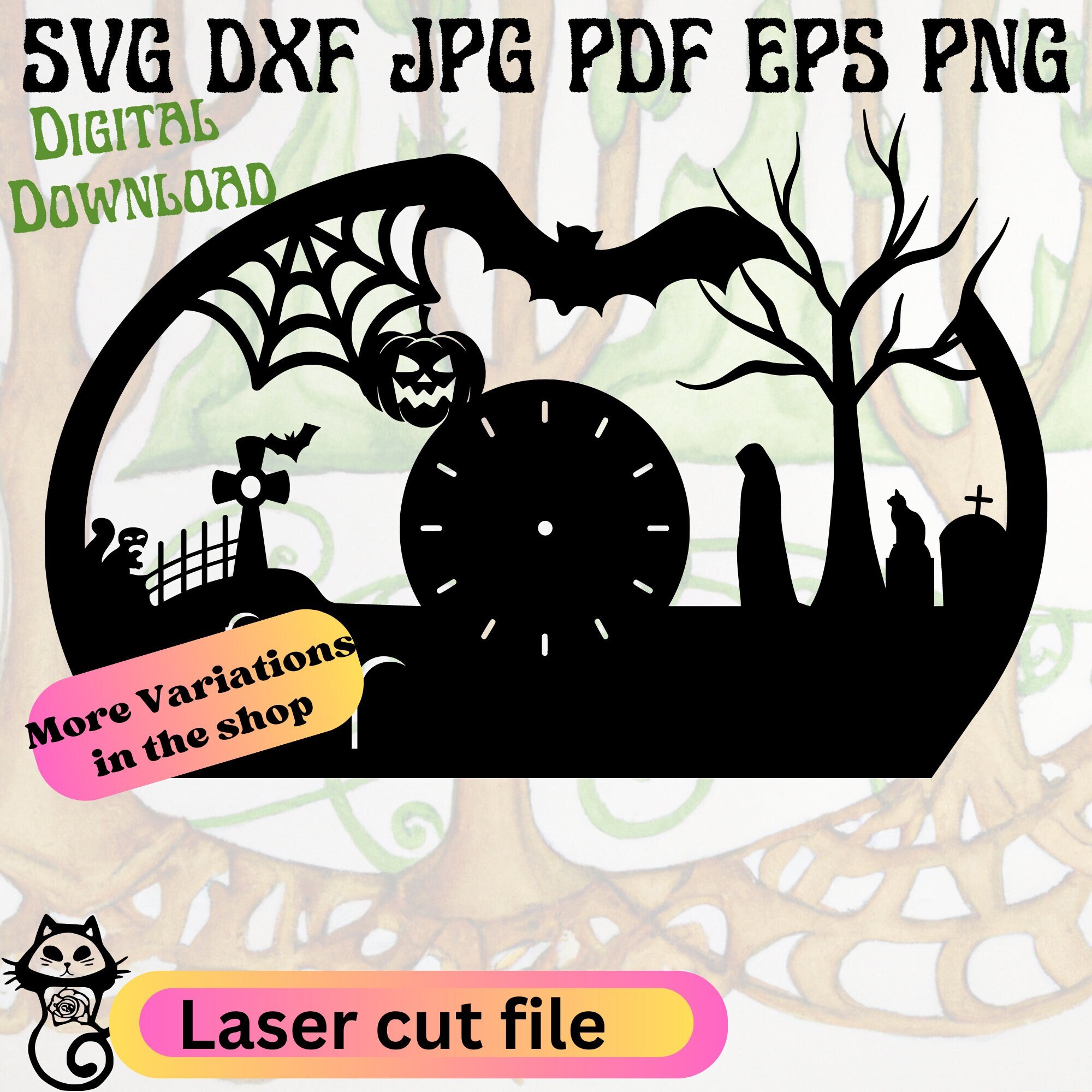 Wall Clock Svg, Clock Svg Cut File, Clock Laser Files, Halloween Clock ...