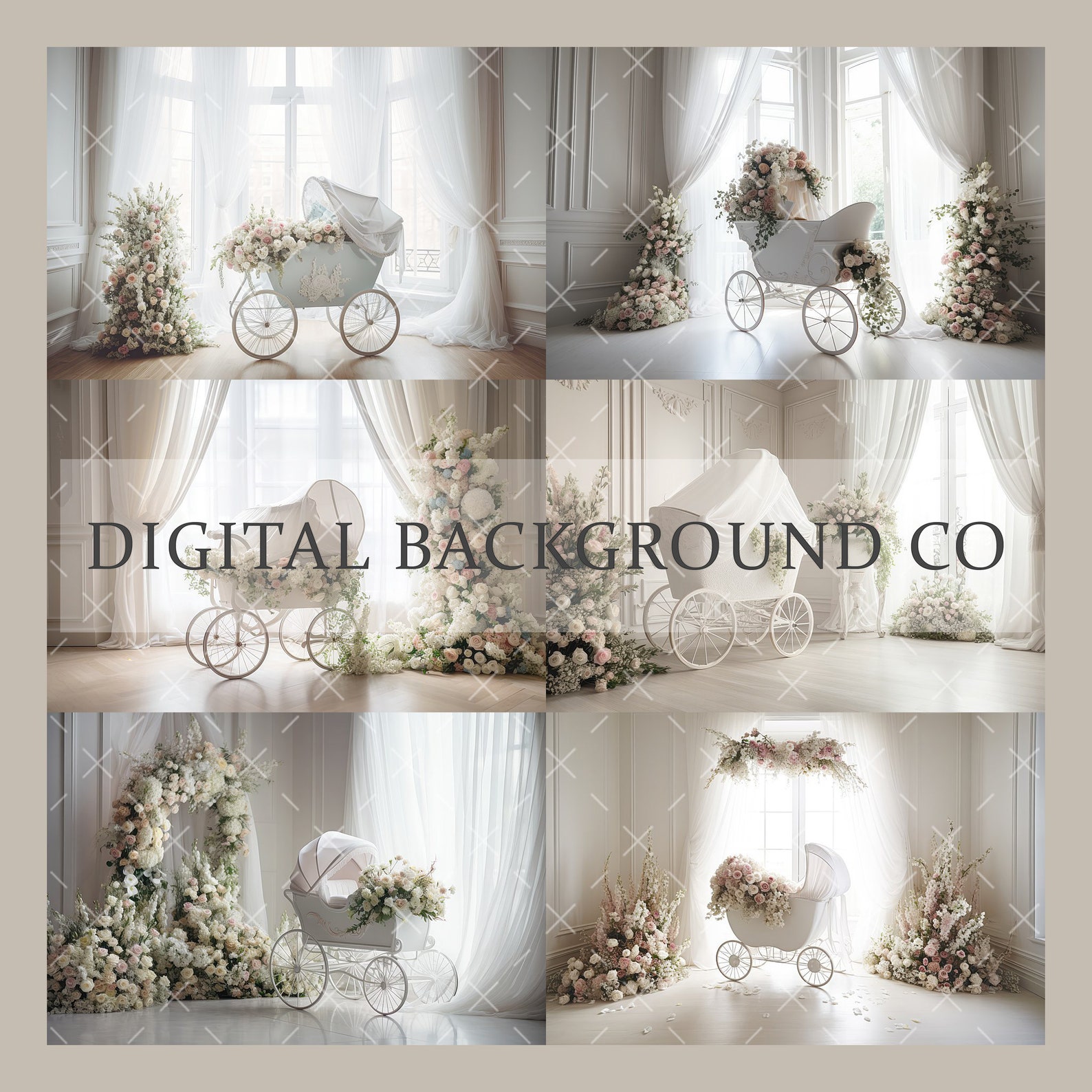 Floral Pram Digital Backdrop, Maternity Backdrop Overlays, Fine Art ...