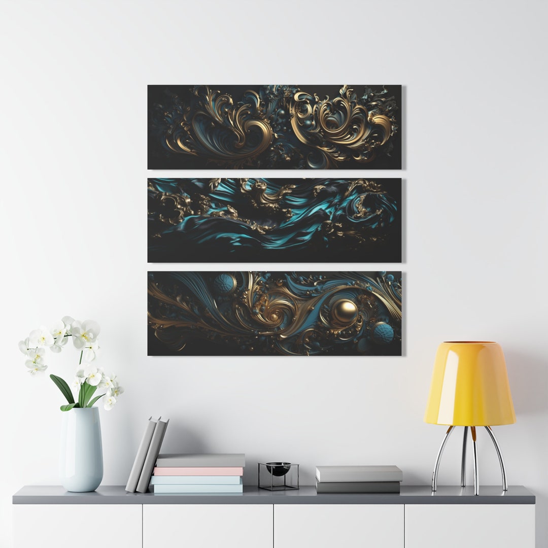 Modern Baroque Acrylic Triptych Wall Art | Gold Black Blue Abstract 3 ...