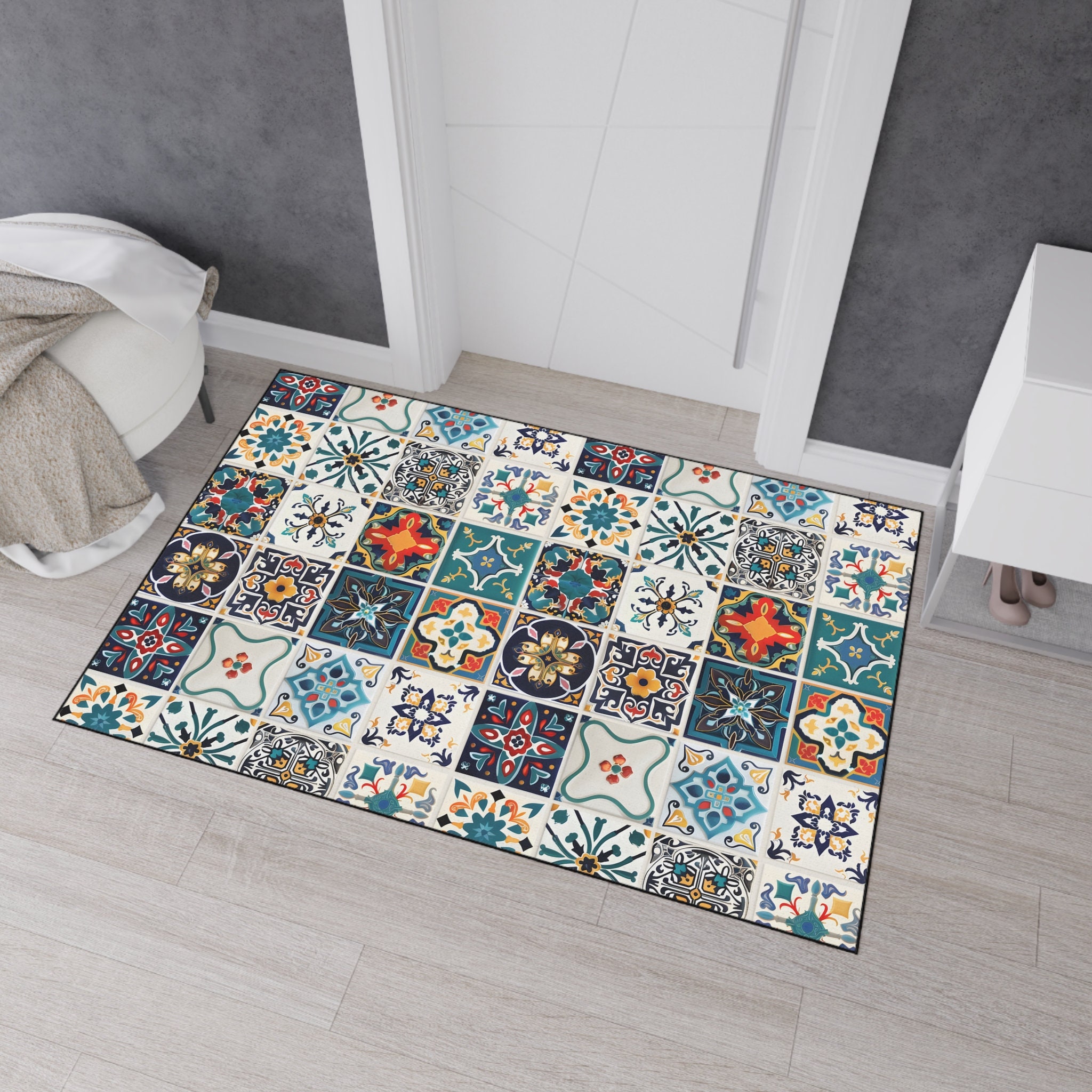 Vibrant Mosaic Tile Pattern Floor Mat - Non-slip Rubber Backing - Home ...