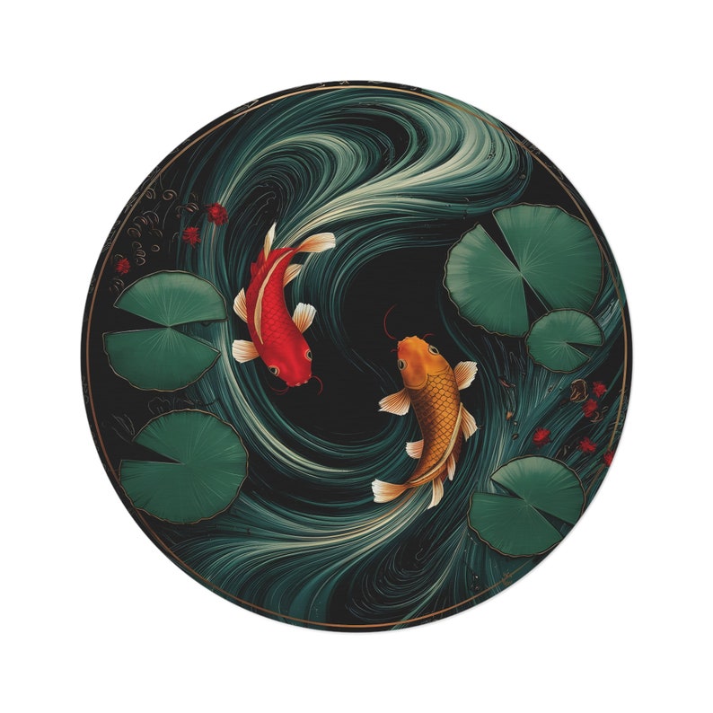 Round Koi Fish Rug in Green and Blue, 60 Inch Polyester Chenille ...