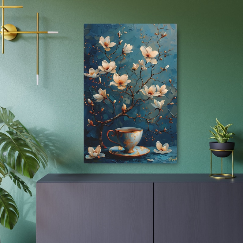 Elegant Magnolia & Tea Cup Metal Wall Art - Baroque Inspired Luxury ...