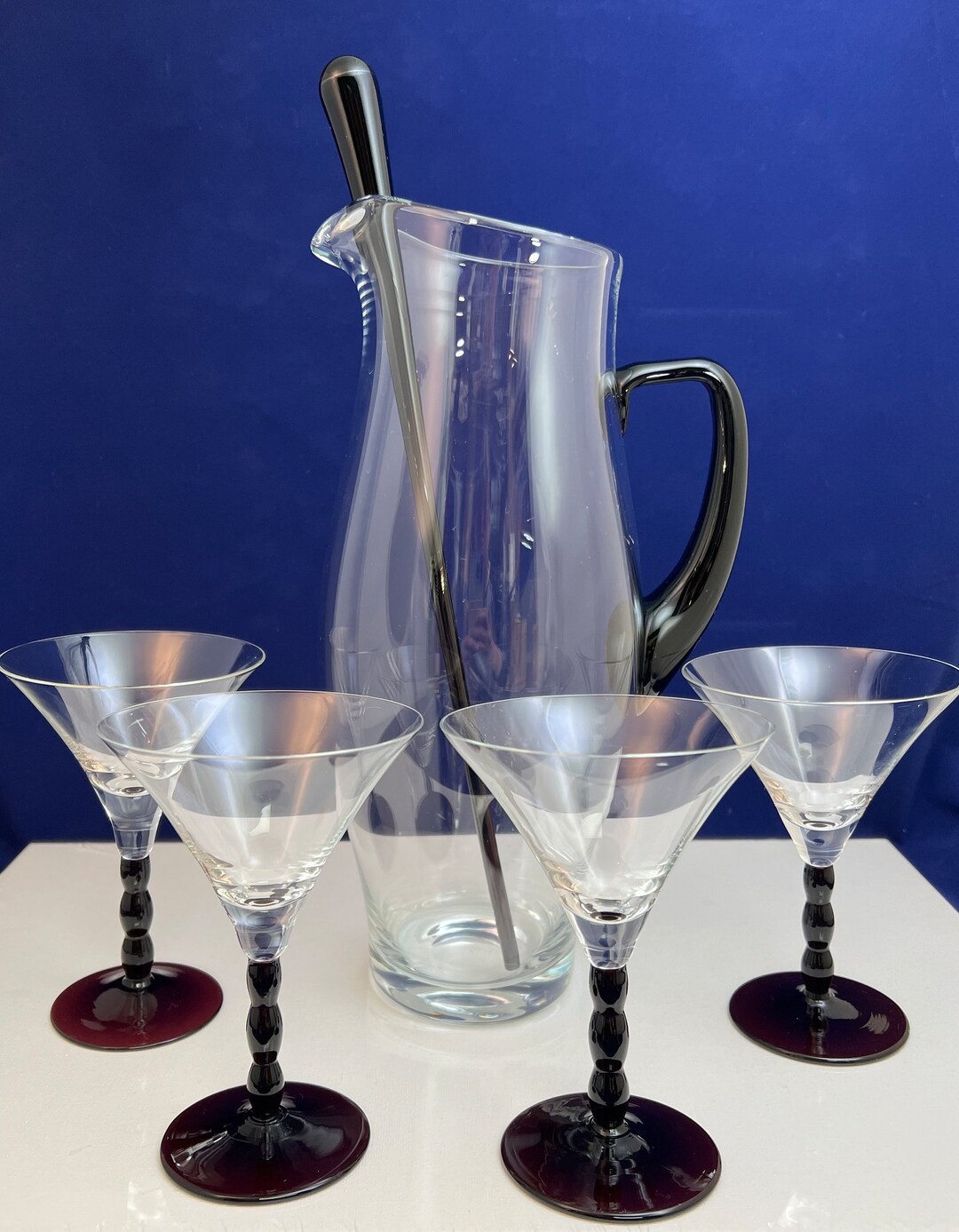 Vintage Art Glass Pitcher With Stirring Rod and Four Matching Glasses ...