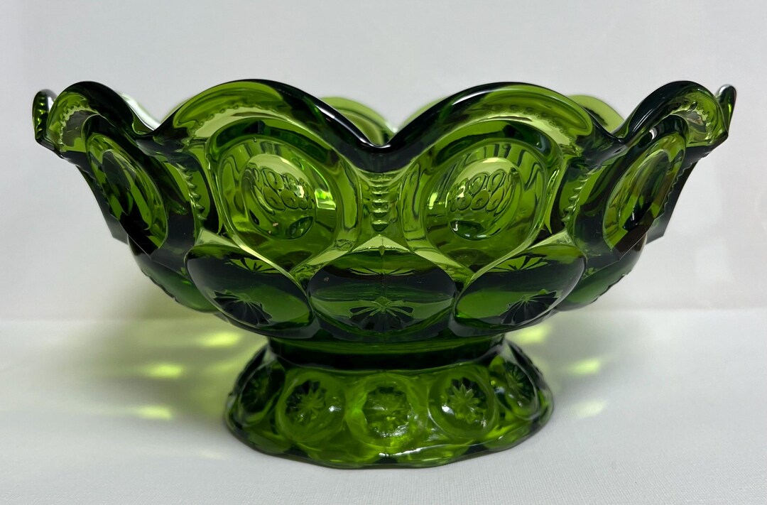 L. E. Smith Olive Green Glass Compote: Moon and Stars Collectible - Etsy