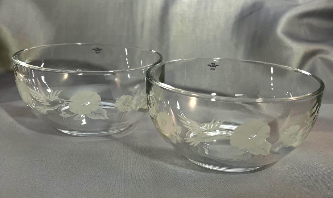 Avon Hummingbird Lead Crystal Dessert Bowls - Frosted Floral Set of 2 ...