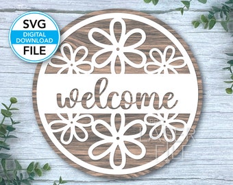 Welcome Daisy Sign, Digital Download, Round Door Hanger Svg, Glowforge ...