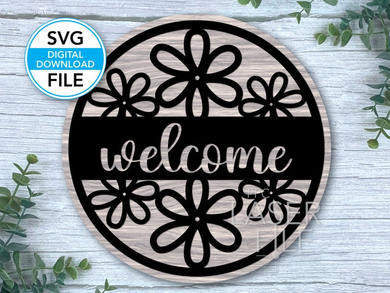 Welcome Daisy Round, Digital Download, Round Door Hanger SVG, PDF, EPS ...