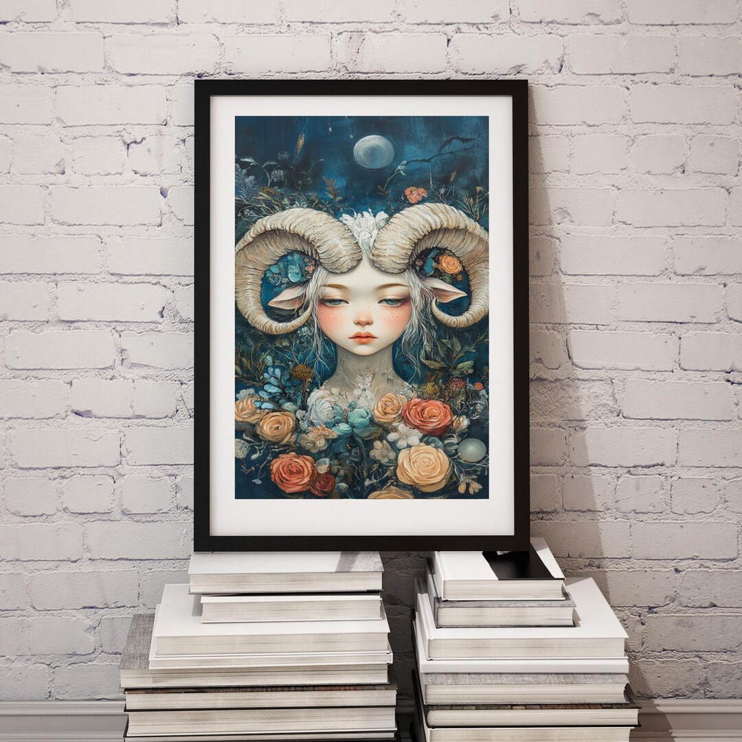 Fantasy Art Poster, Mythical Creature Print, Ram Horn Girl Illustration ...