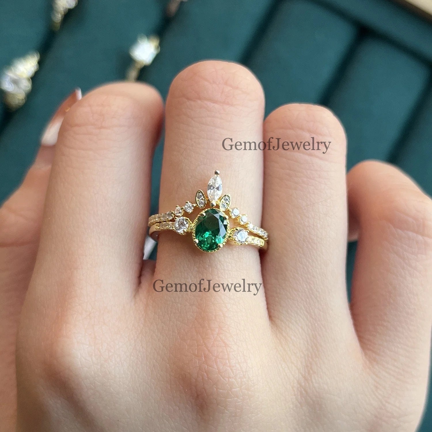Emerald Engagement Ring With Wedding Band Luxury Jewelry Oval Emerald ...