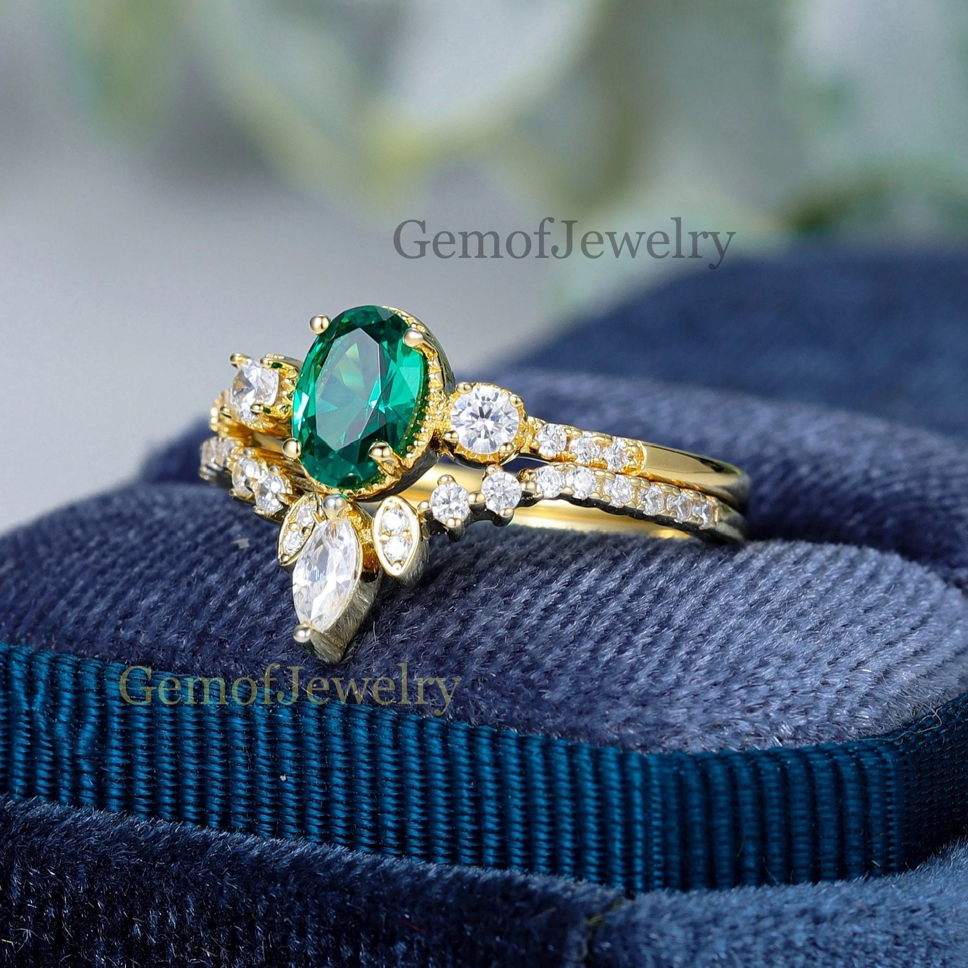 Emerald Engagement Ring With Wedding Band Luxury Jewelry Oval Emerald ...