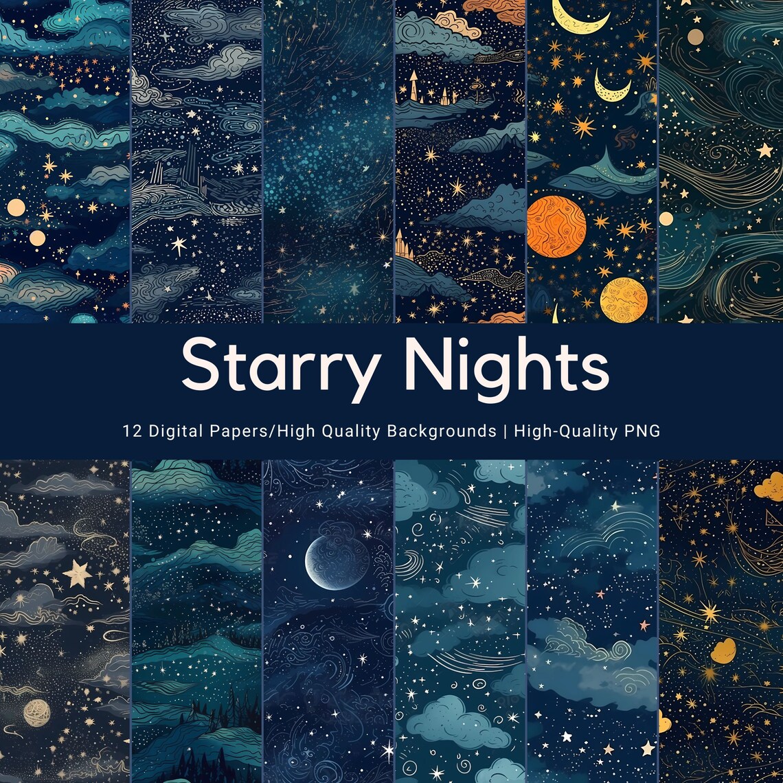 Starry Night Sky Digital Papers, Night Sky Pattern | Digital Prints for ...