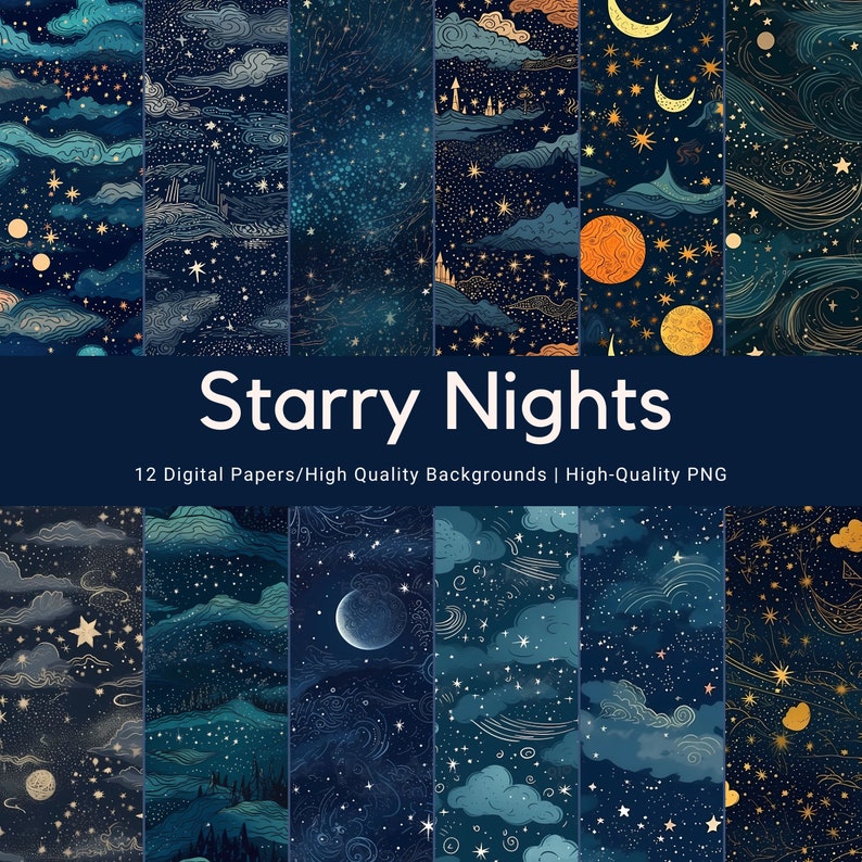 Starry Night Sky Digital Papers, Night Sky Pattern | Digital Prints for ...