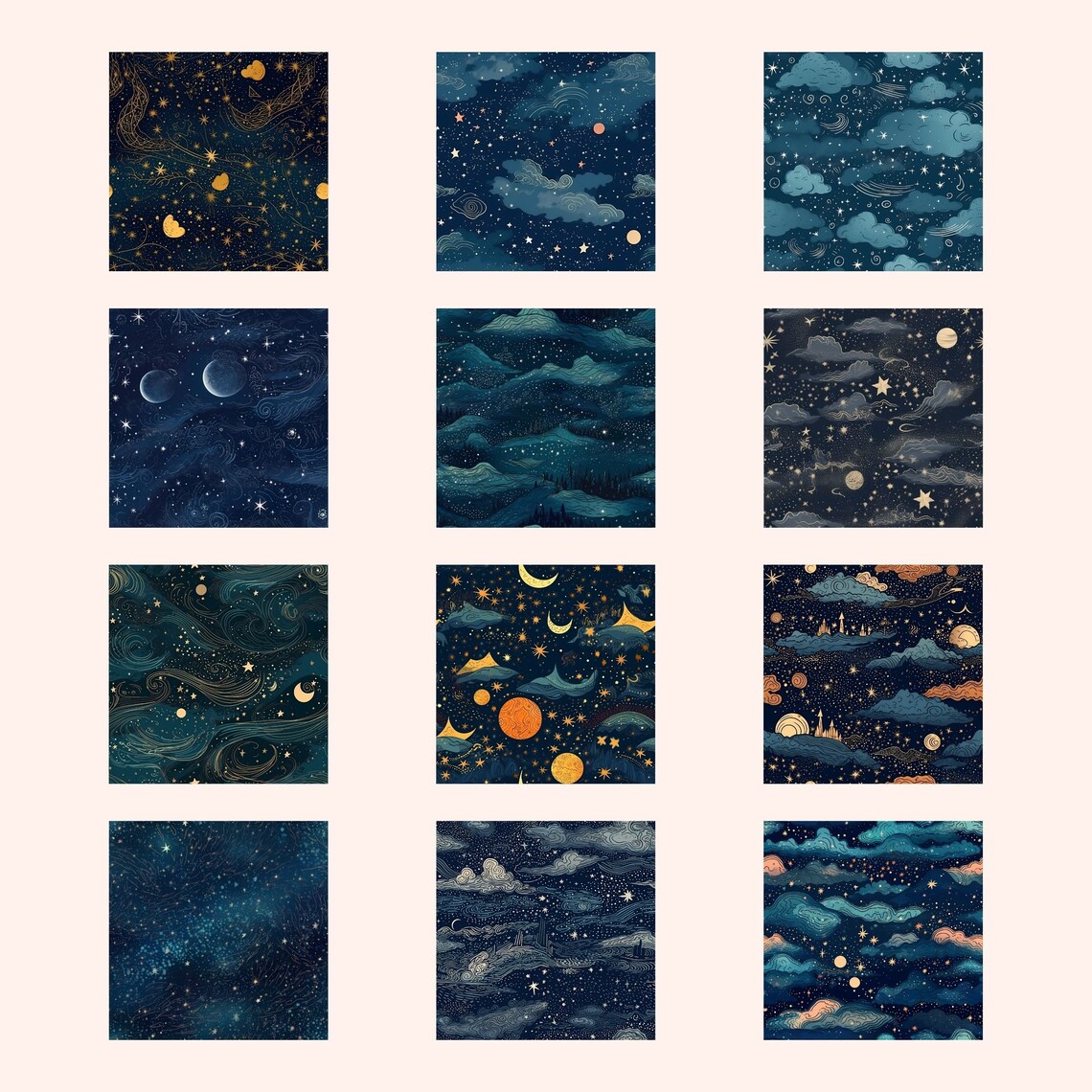 Starry Night Sky Digital Papers, Night Sky Pattern | Digital Prints for ...
