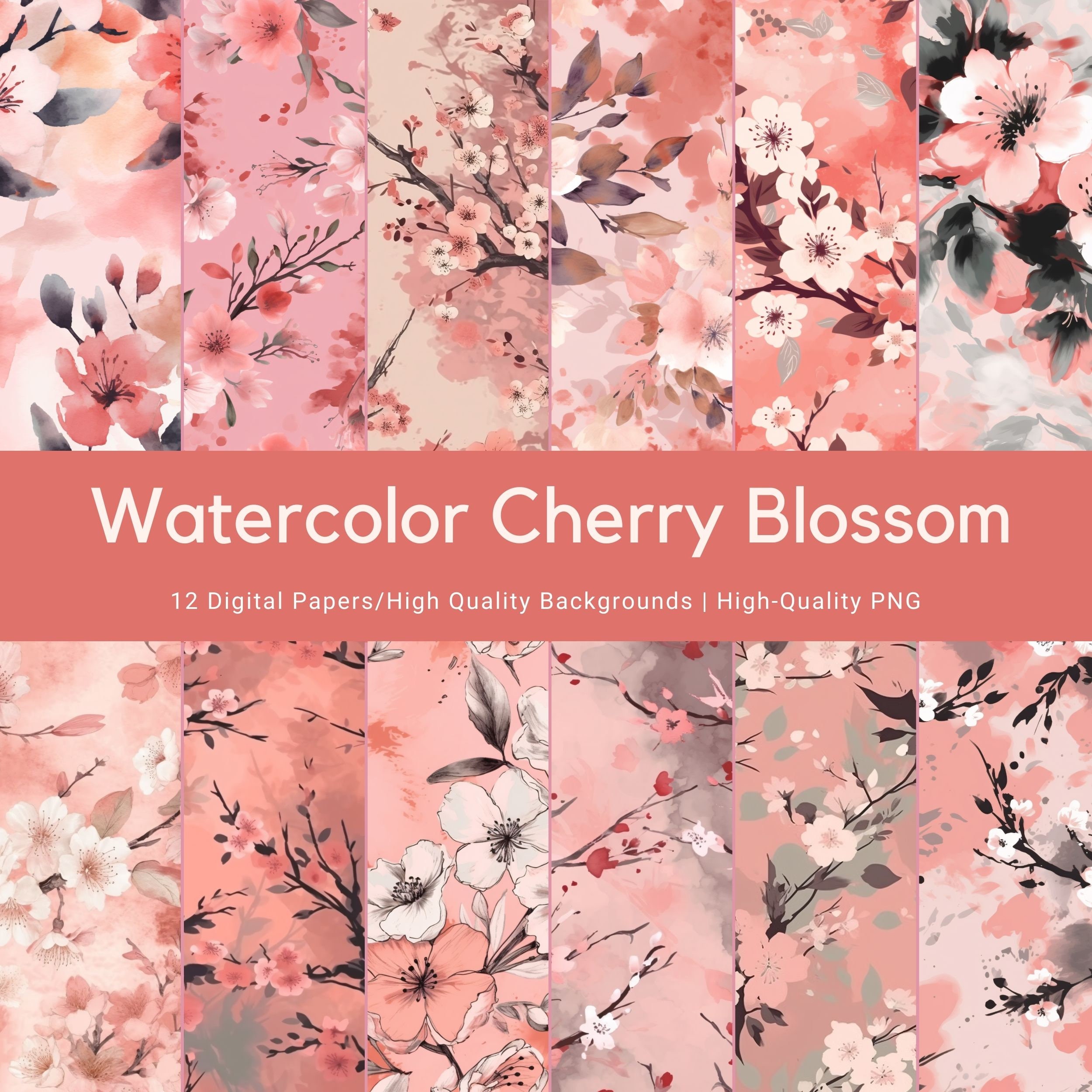 Watercolor Cherry Blossom Digital Papers, Unique Cherry Blossom Pattern ...