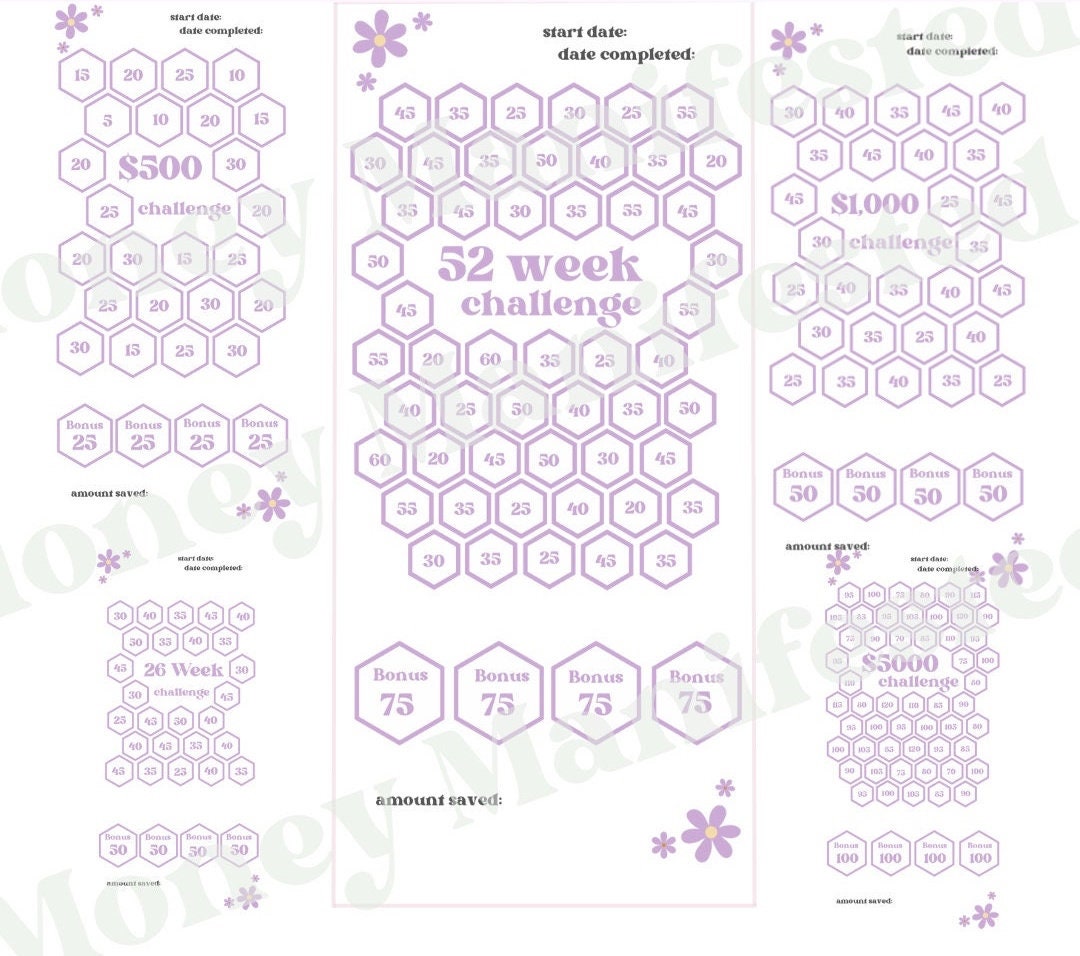 Individual Laminated Purple Savings Challenge 500, 1000, 5000, 52 Week ...