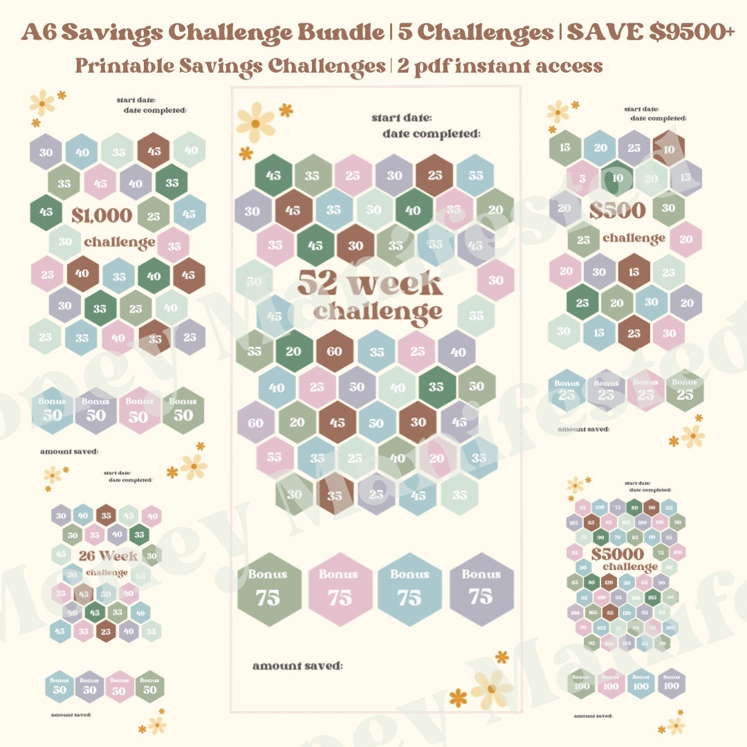 Savings Challenge Printable | Set of 5 Savings Challenges | Save 9,500 ...