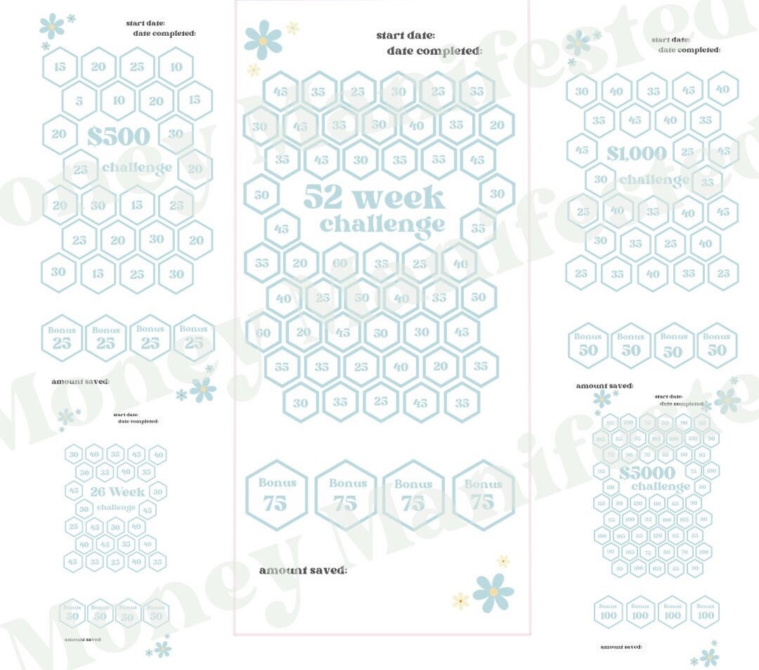 Laminated Blue Savings Challenge Bundle Set of 5 Savings Challenges ...