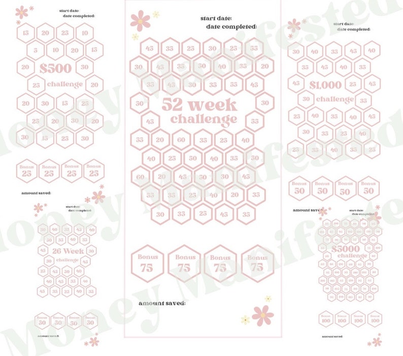 Individual Laminated Pink Savings Challenge 500, 1000, 5000, 52 Week, 26 Week Challenges A6 ...