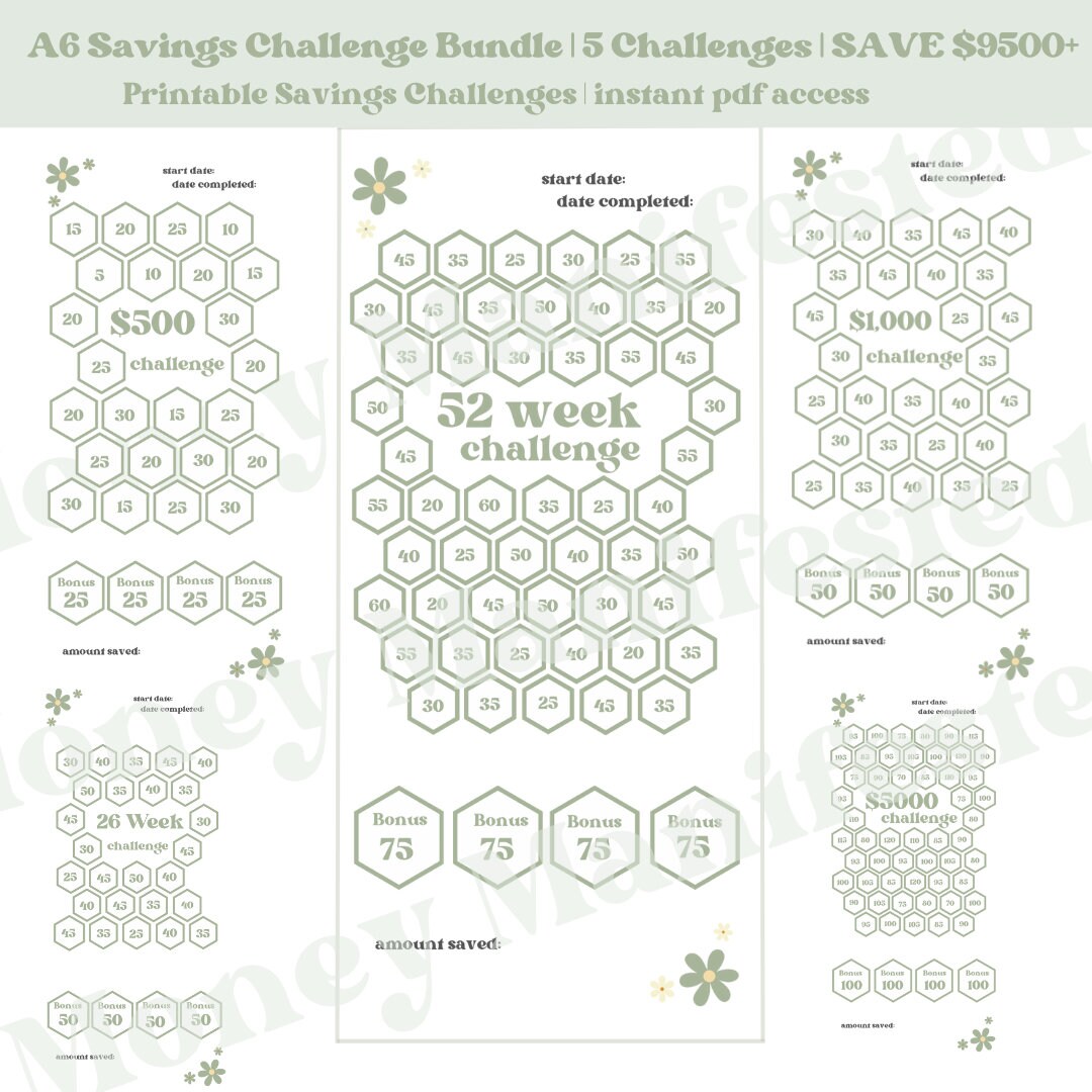 Savings Challenge Printable Set of 5 Savings Challenges Save 9,500 500 ...