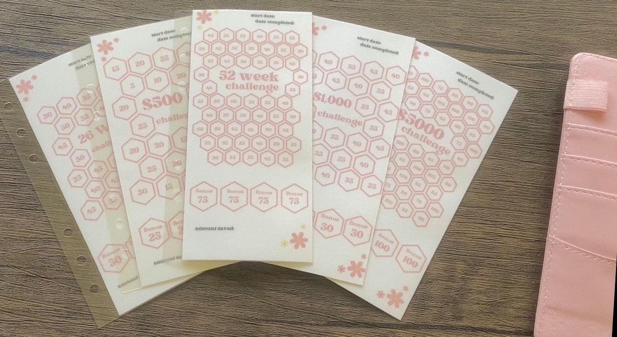 Individual Laminated Pink Savings Challenge 500, 1000, 5000, 52 Week ...