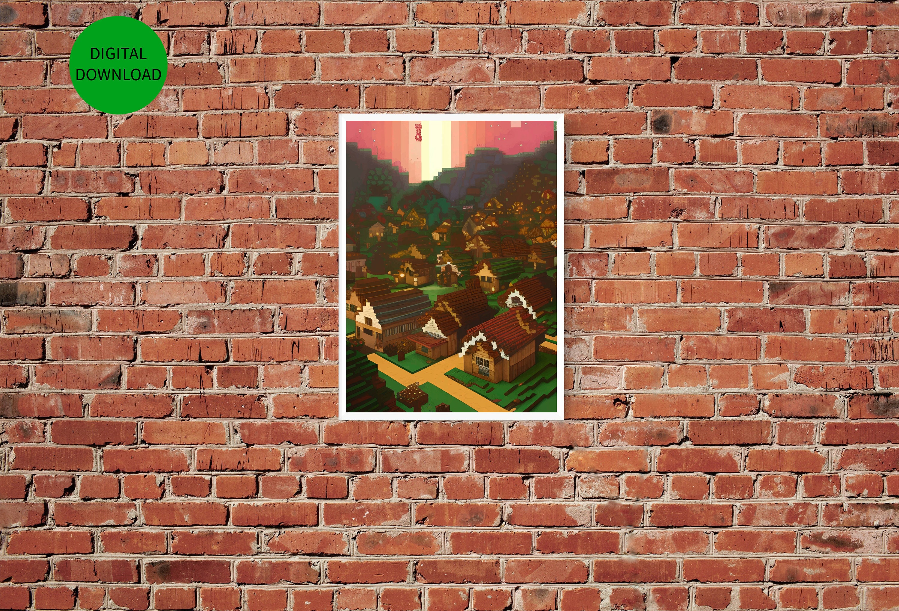 Minecraft Inspired Village Landscape Wall Art, Hand-painted Style ...