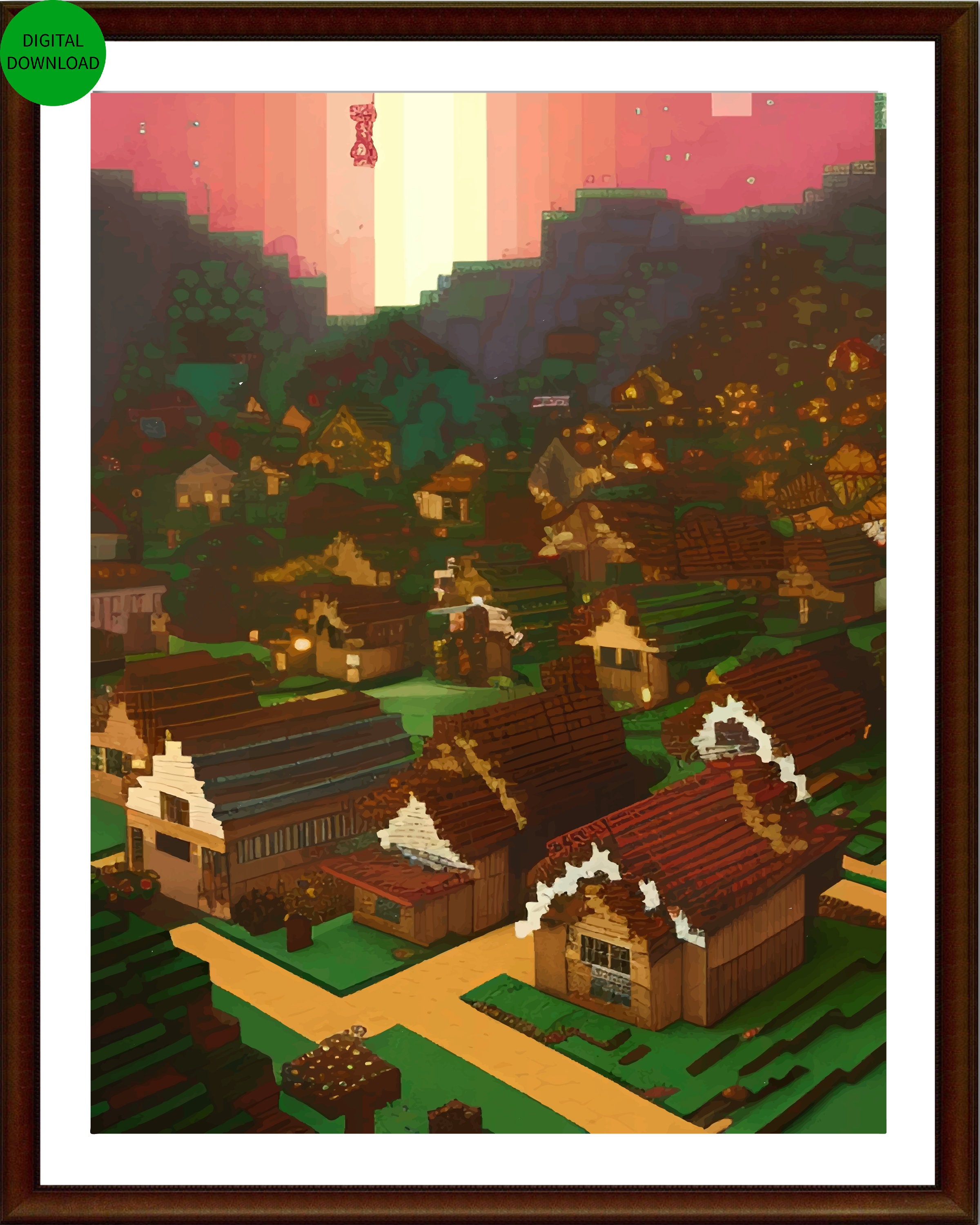 Minecraft Inspired Village Landscape Wall Art, Hand-painted Style ...