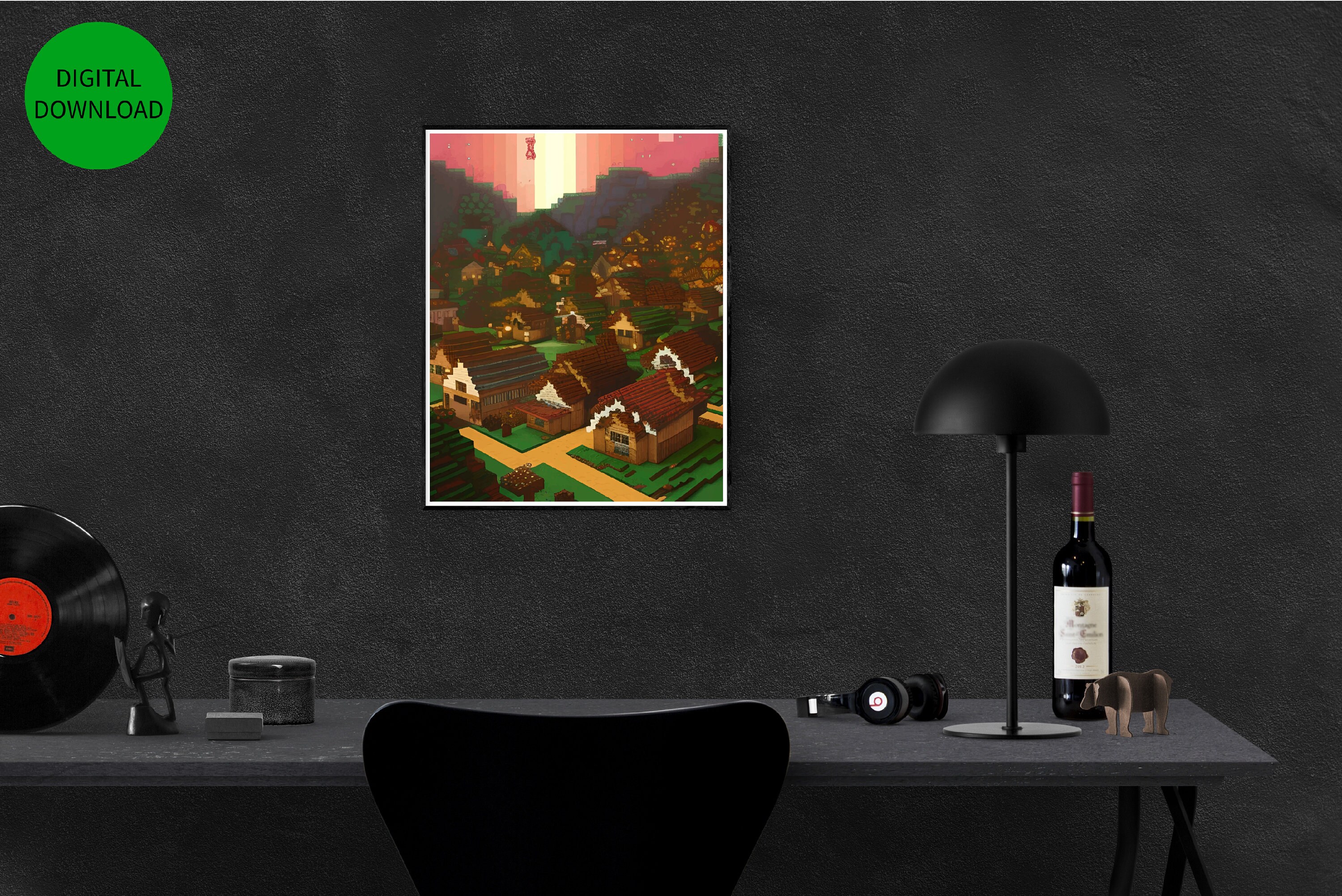 Minecraft Inspired Village Landscape Wall Art, Hand-painted Style ...