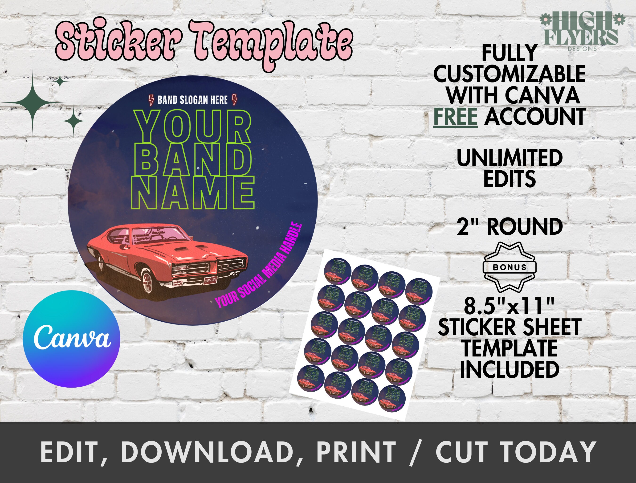 Retro Muscle Car Editable Sticker Template, Instant Download Printable ...