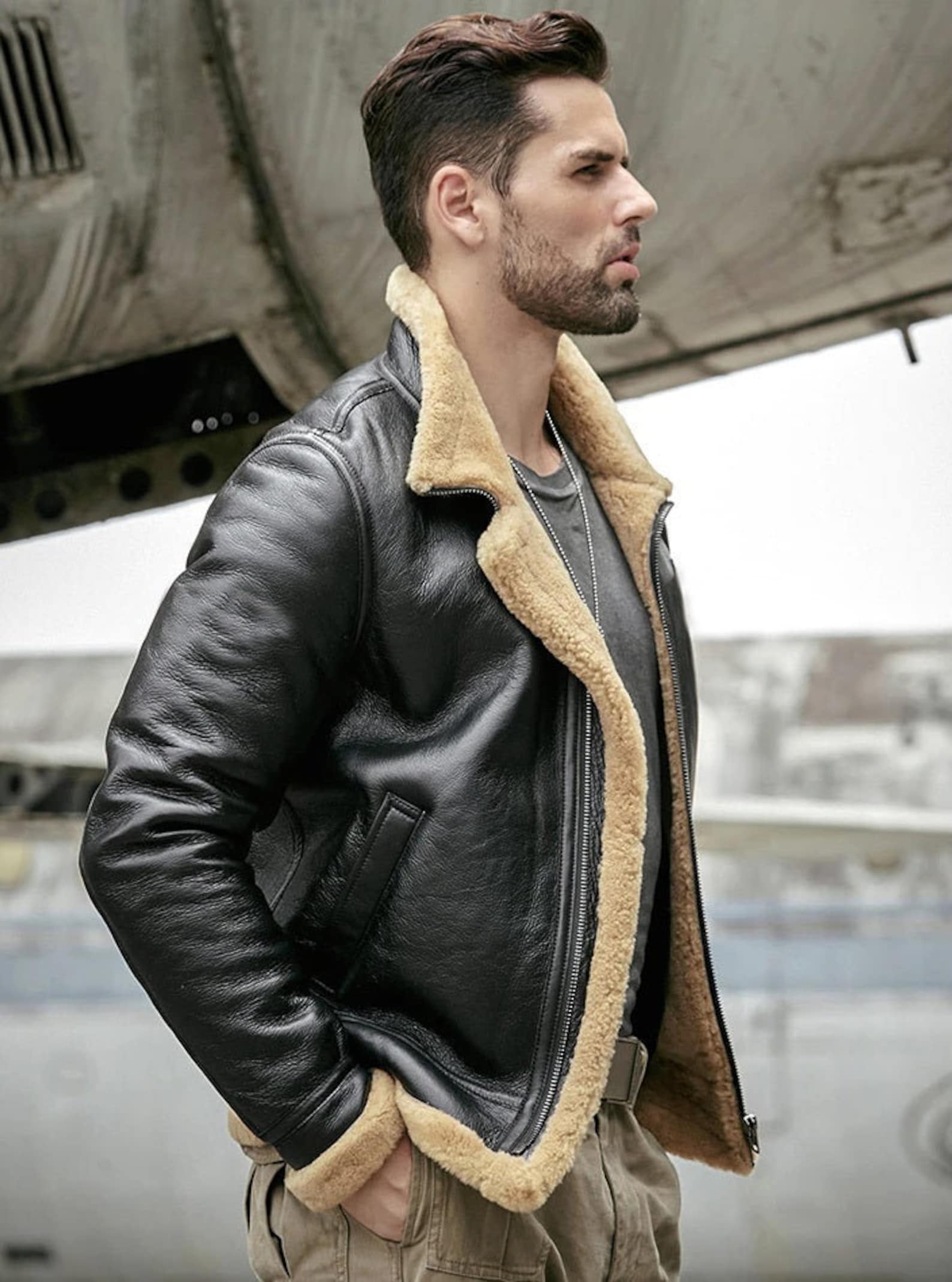 Mens Black Real Leather and Faux Shearling Pilot Style Jacket - Etsy