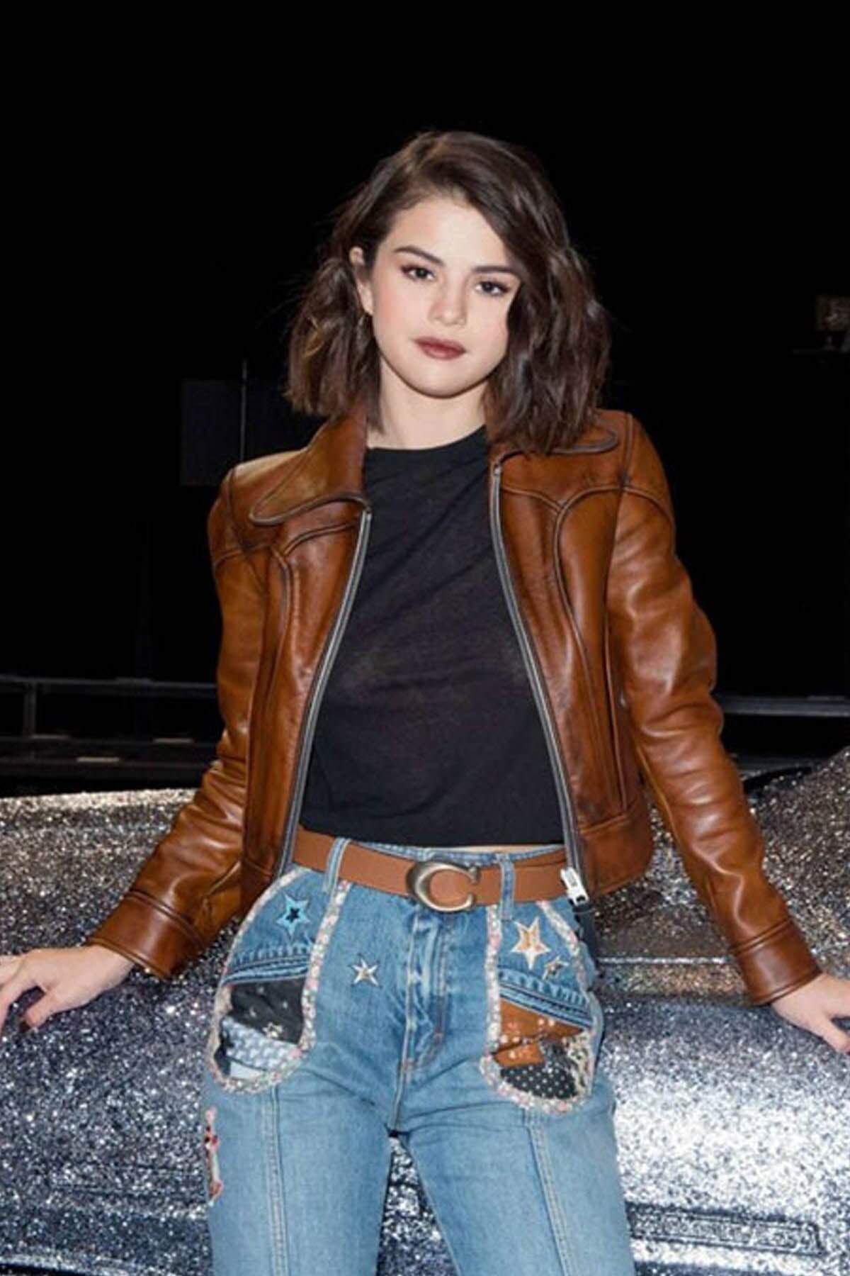 Selena Gomez Brown Leather Jacket Women Celebrity Jacket Celebrity ...
