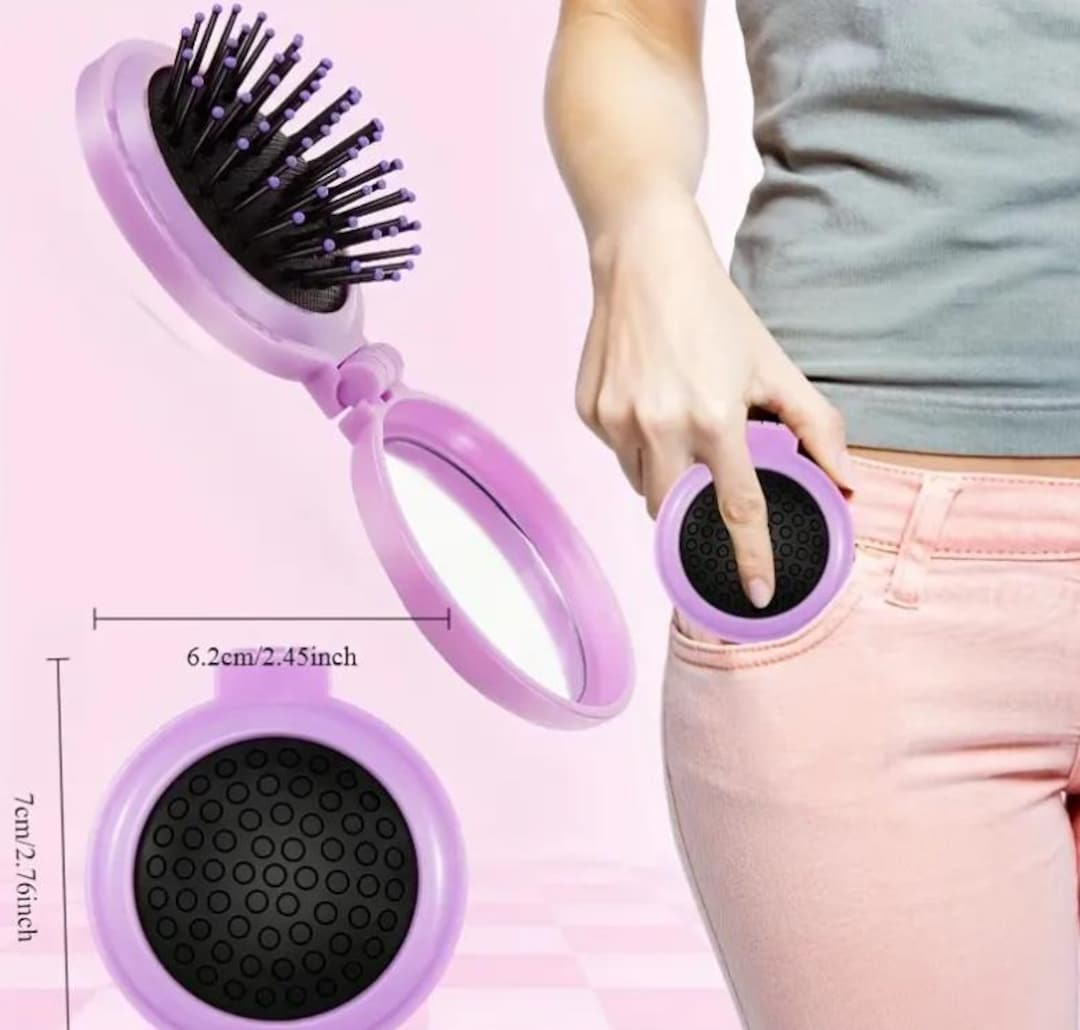 2 in 1 Mini Wig Hair Brush Mirror Travel Purse : Folding Pocket Hair ...