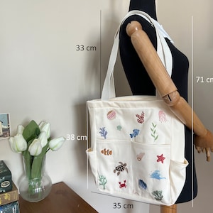 Sea Life Tote Bag, Hand Emboridered Tote Bag, Aquatic Life, Ocean Lover ...