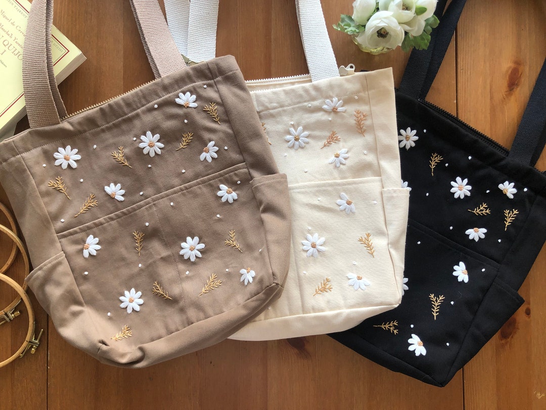 Daisy Embroidery Tote Bag, Summer Shoulder Bag, Handmade Gift, Eco ...