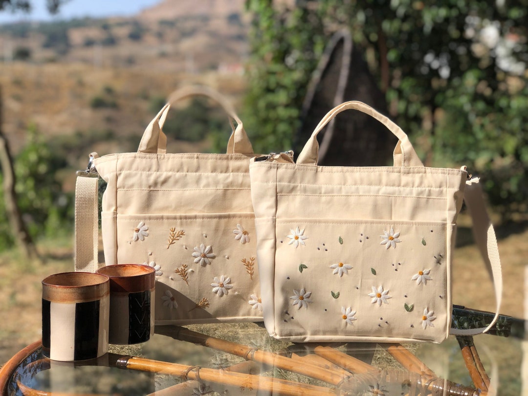 Daisy Embroidered Tote Bag, Cute Small White Daisies, White Flower ...