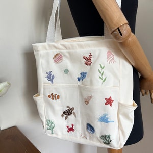 Sea Life Tote Bag, Hand Emboridered Tote Bag, Aquatic Life, Ocean Lover ...