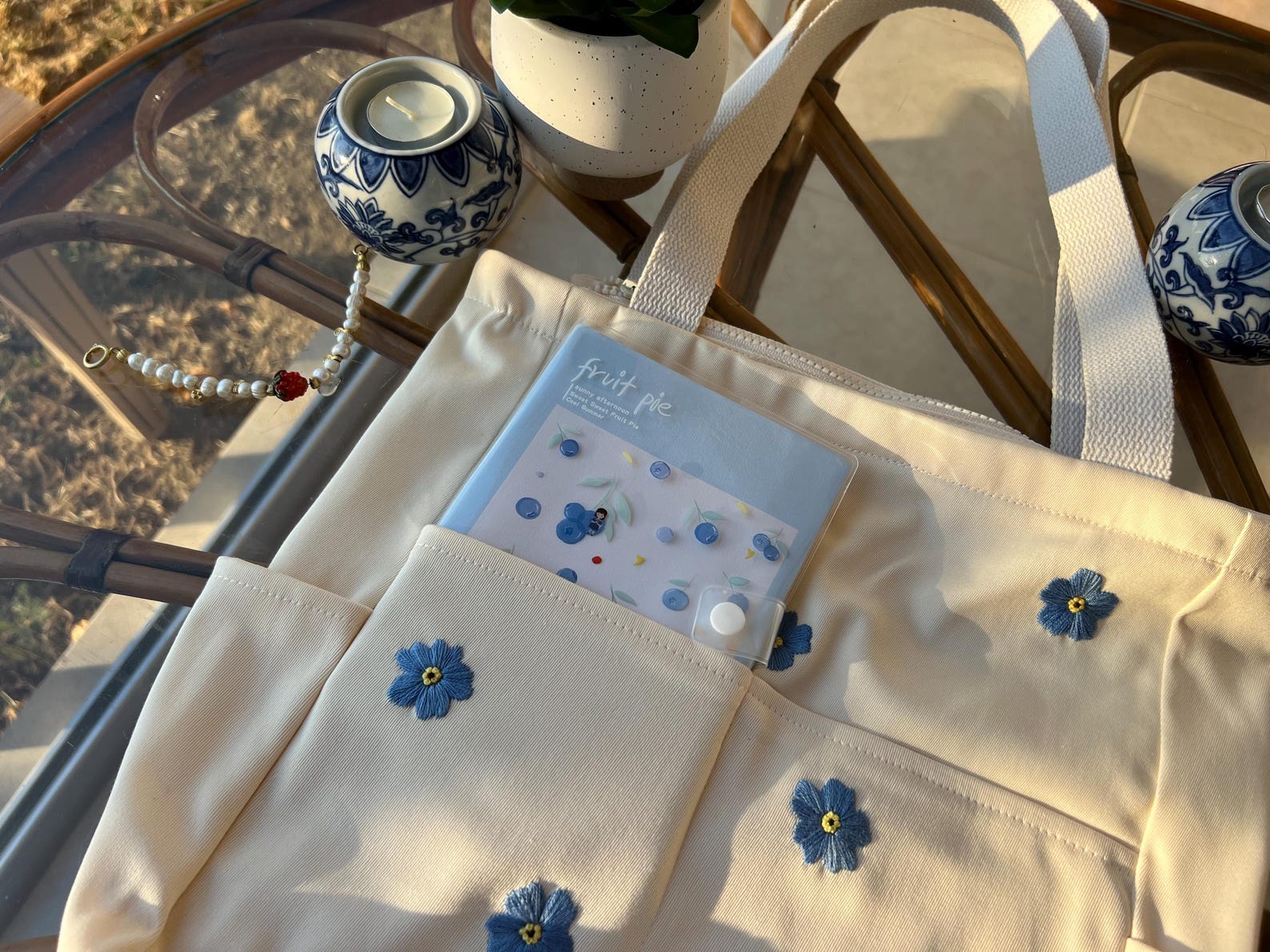 Forget Me Not Flowers Embroidered Tote Bag, Blue Flowers Embroidery ...