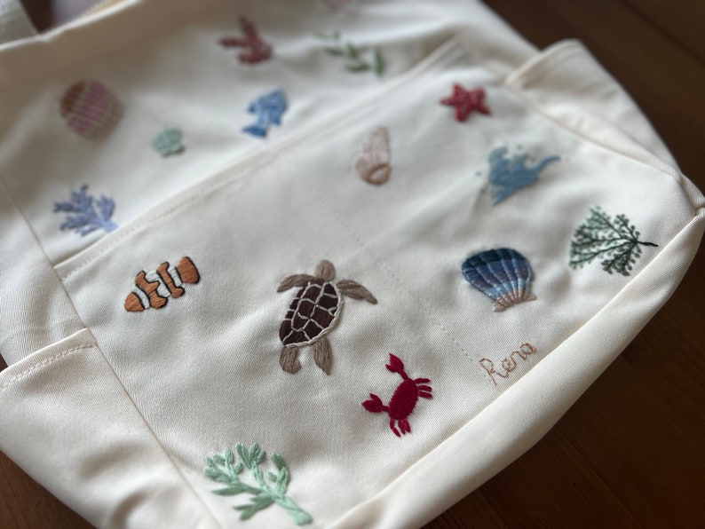 Sea Life Tote Bag, Hand Emboridered Tote Bag, Aquatic Life, Ocean Lover ...
