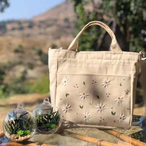 Daisy Embroidered Tote Bag, Cute Small White Daisies, White Flower ...