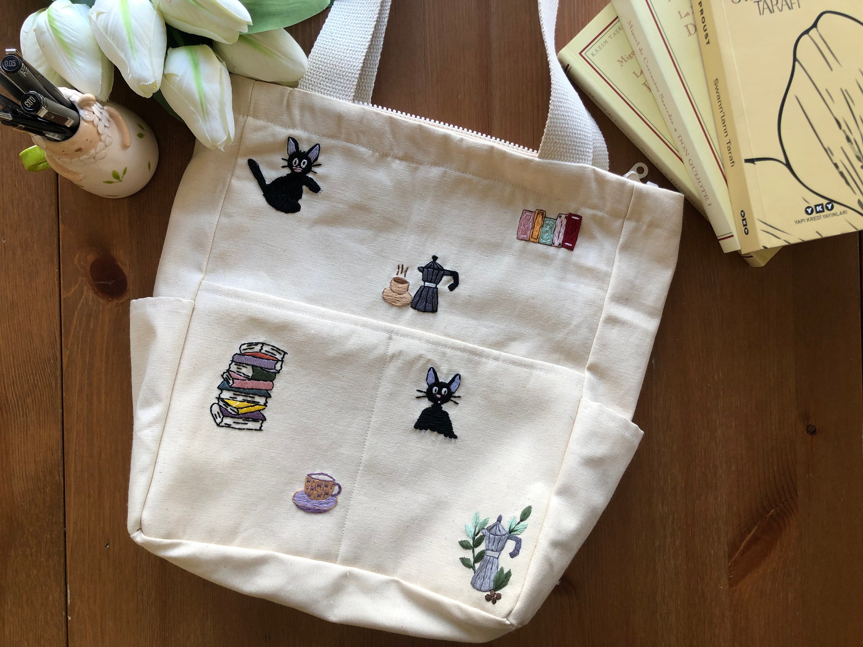 Ghibli Themed Tote, Hand Embroidered Shoulder Bag, Large Shoulder Bag ...