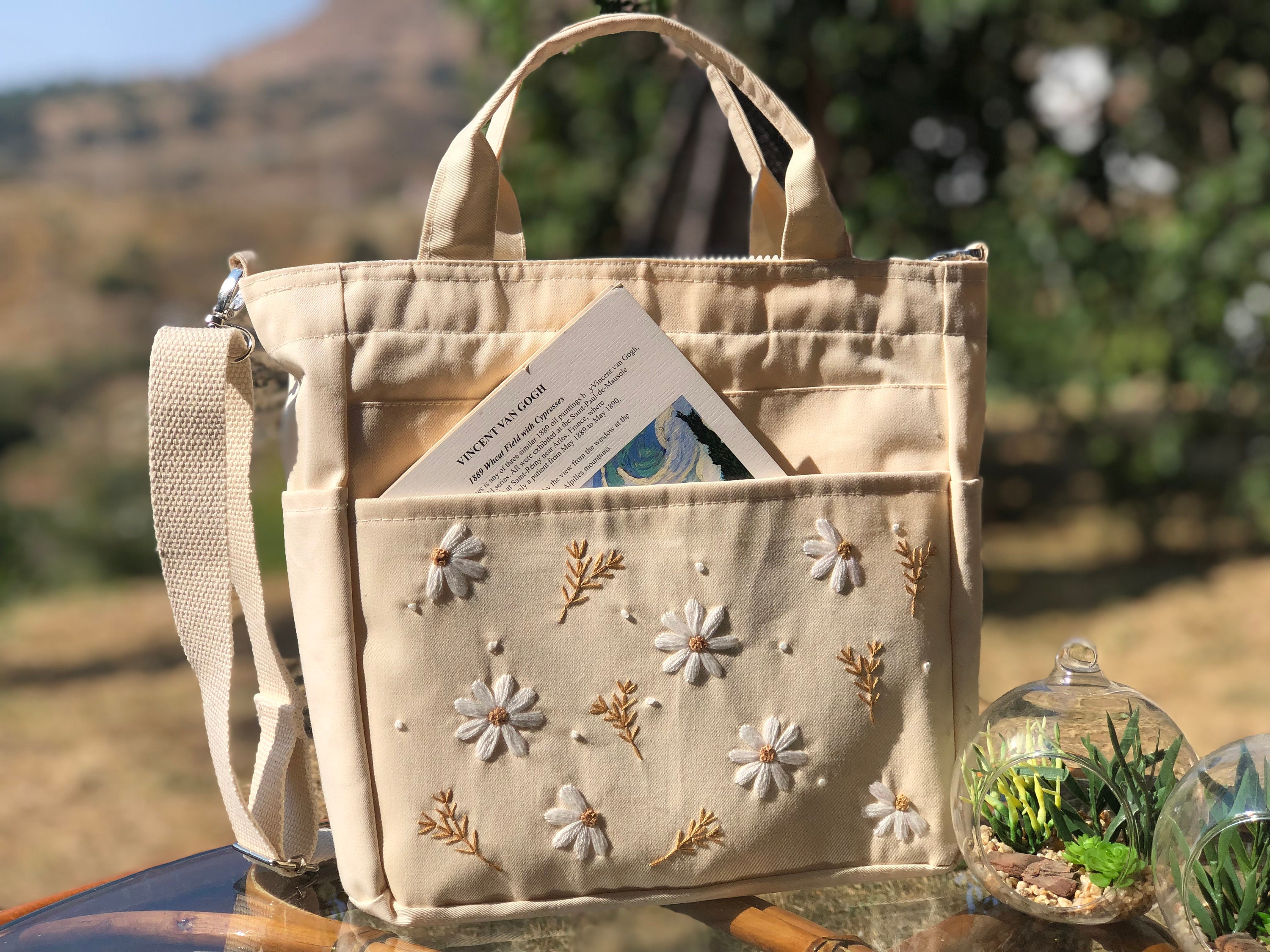 Daisy Embroidered Tote Bag, Cute Small White Daisies, White Flower ...