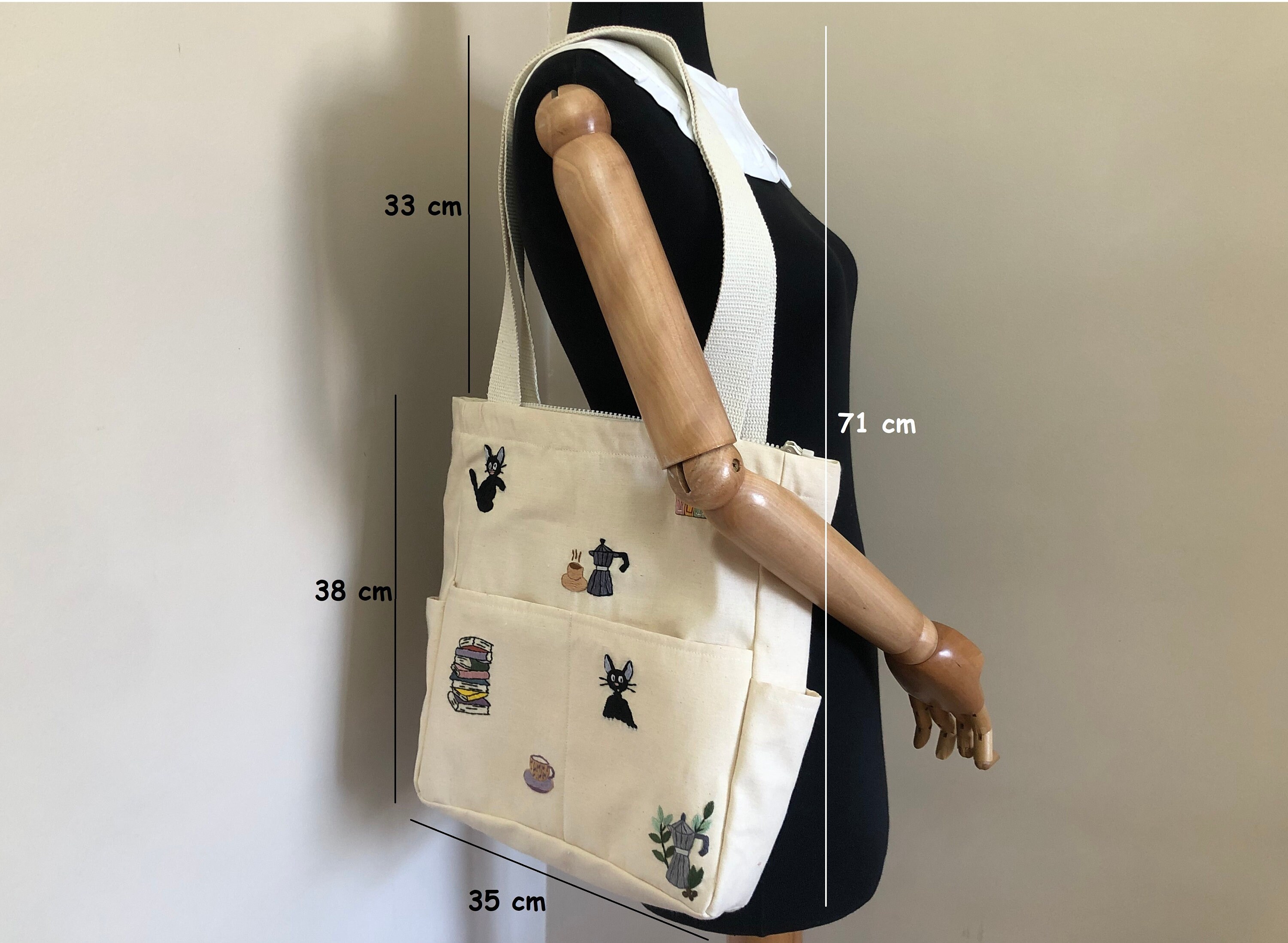 Ghibli Themed Tote, Hand Embroidered Shoulder Bag, Large Shoulder Bag ...