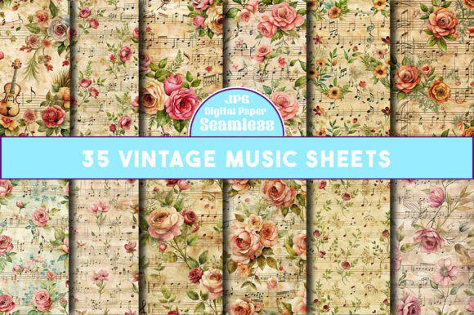 35 Antique Vintage Digital Roses Paper Pack Vintage Seamless Decoupage ...