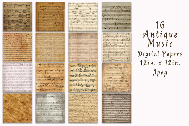 16 Antique Vintage Digital Music Paper Pack Vintage Seamless Decoupage ...