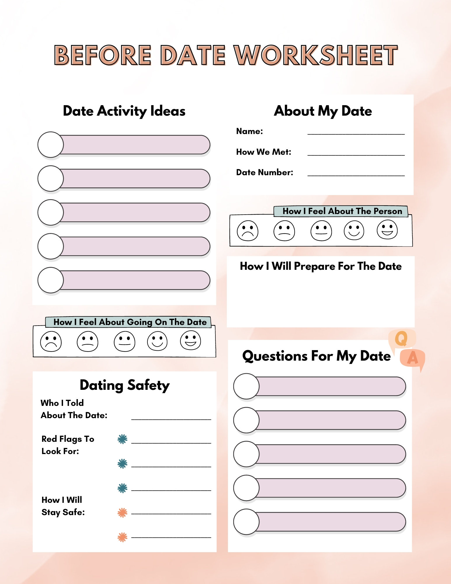 Dating Worksheets Three Worksheets: Before Dating, Before a Date, After ...