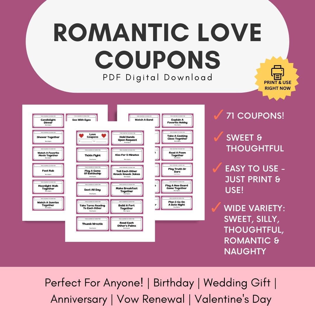71 Romantic Love Coupons Digital Download Print & Use Honeymoon Coupons ...