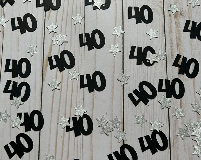 40th Birthday Confetti - Silver Glitter Star - Black and Silver - 40 ...
