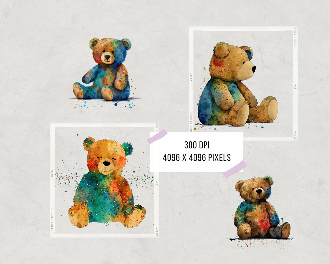 Colorful Teddy Bear Clipart Bundle Watercolor Splash Rainbow - Etsy